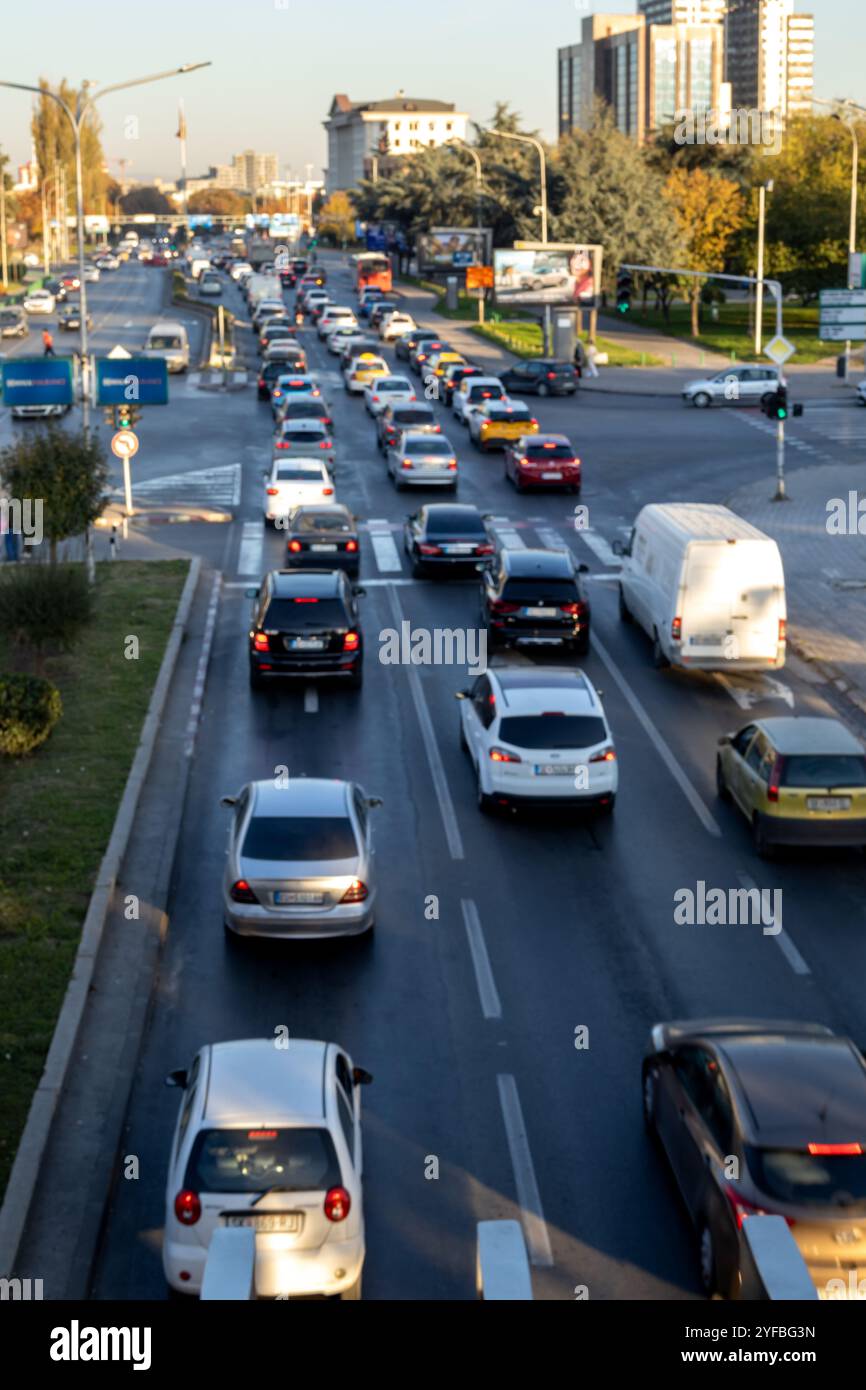Blurred motion of cars on the motorway. Big traffic in the city. Urban ...