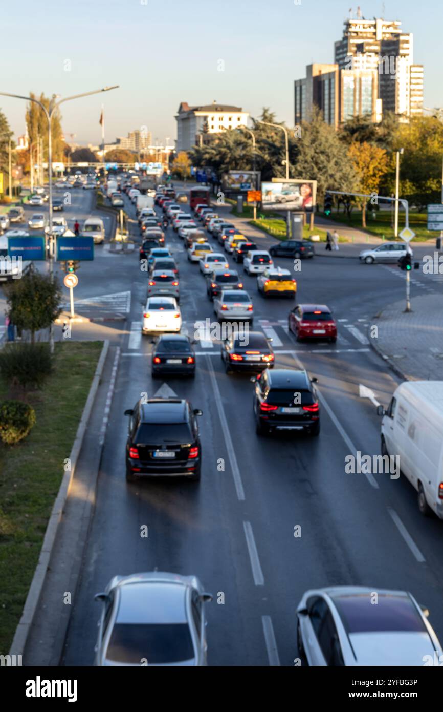 Blurred motion of cars on the motorway. Big traffic in the city. Urban ...