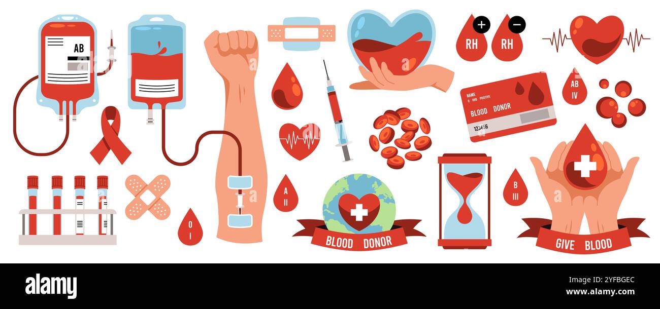 Blood donation elements. Cartoon donor objects, hand with dropper ...