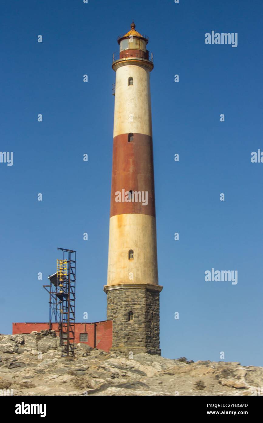 The red and white striped lighthouse at Diaz Point, Namibia, against a ...