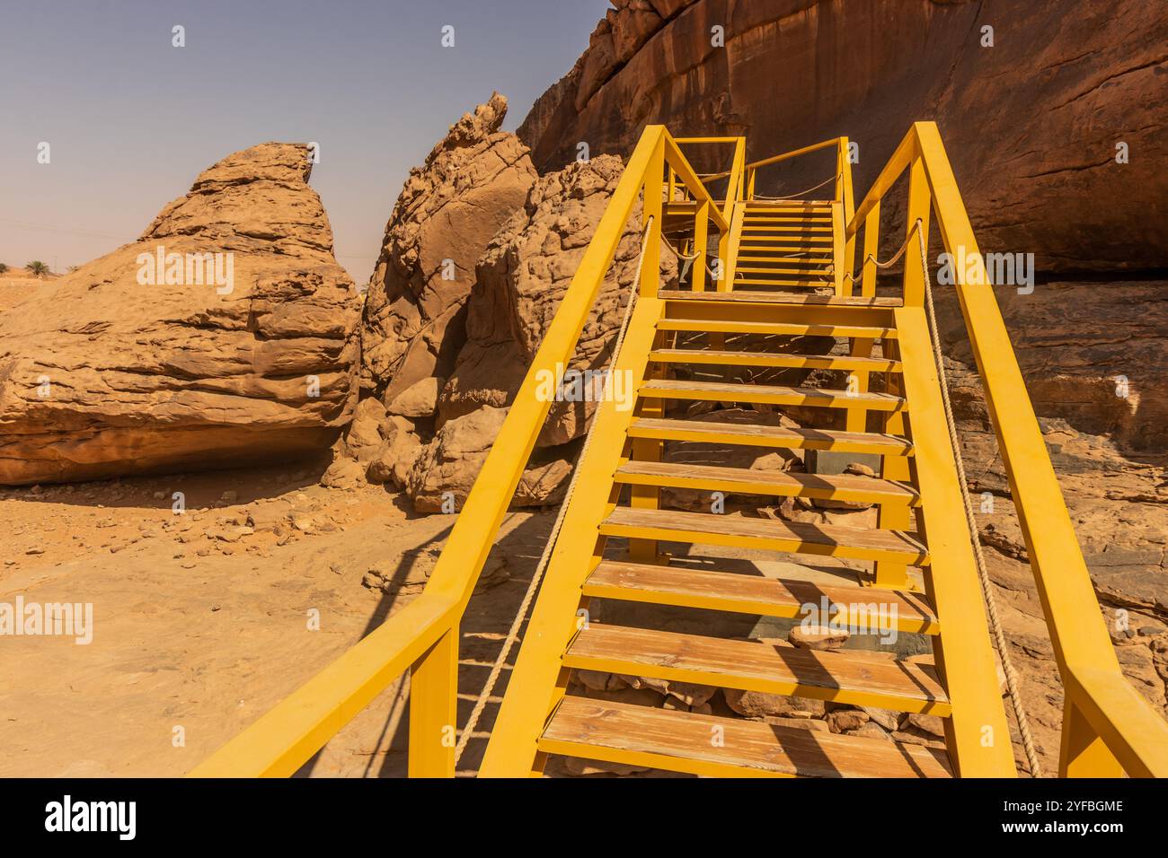 Stairs to the rock art (petroglyphs) in Jubbah, Saudi Arabia Stock ...