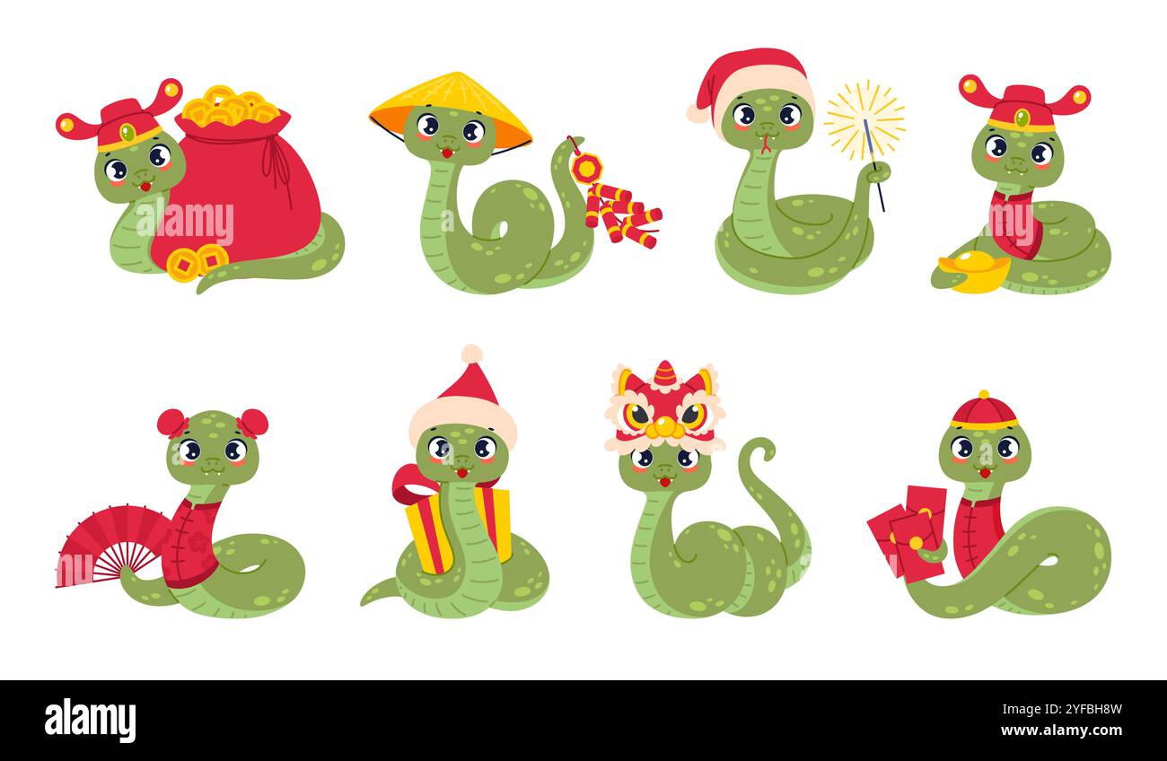 Chinese zodiac snakes. New year celebration zodiac mascots, funny cartoon festive characters ...