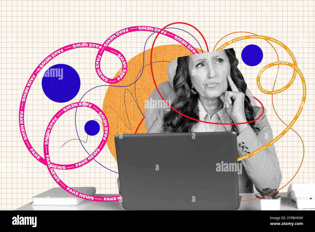 Creative collage picture mature businesswoman worker laptop thoughtful ...