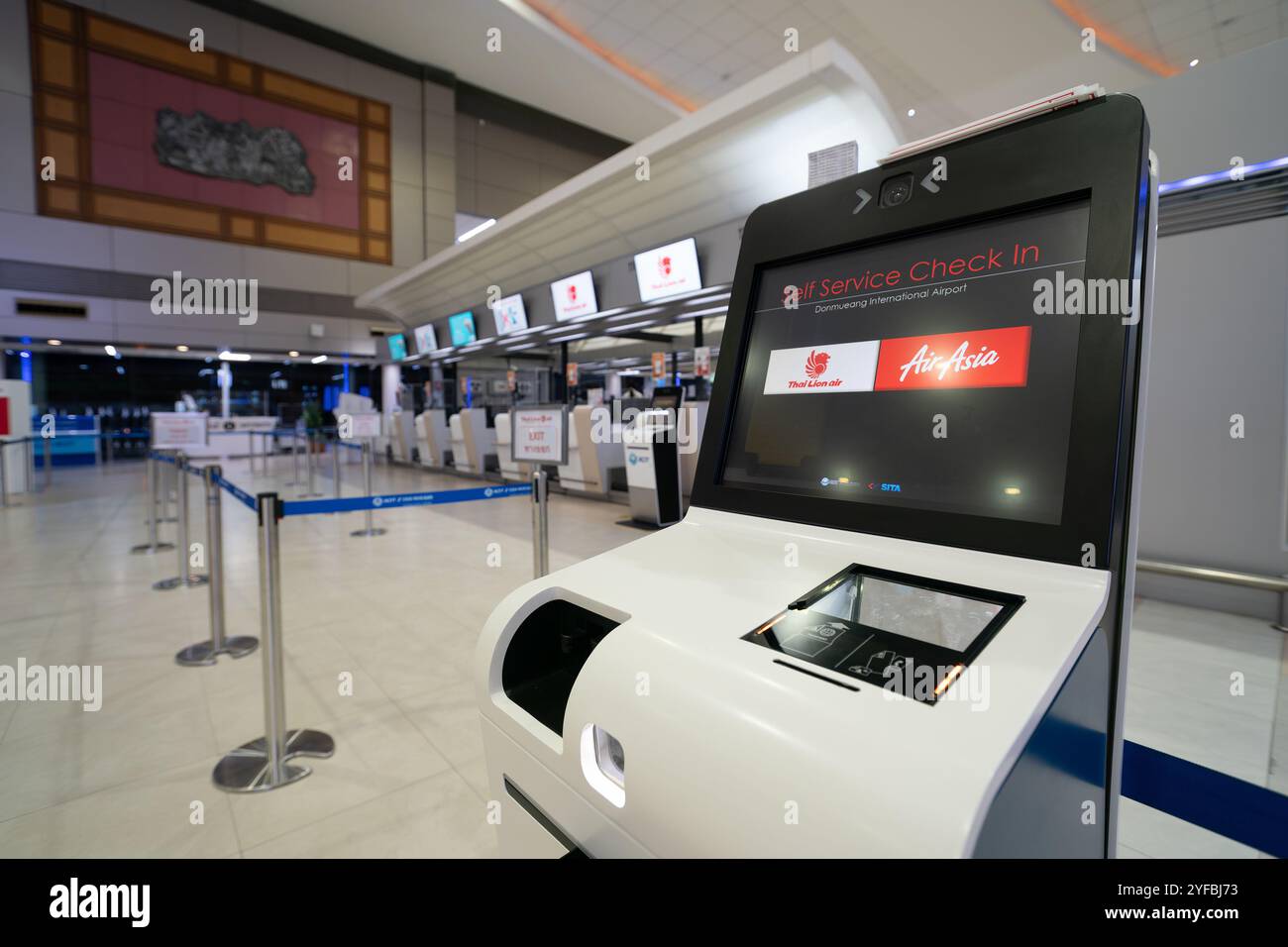 BANGKOK, THAILAND - OCTOBER 14, 2023: close up shot of self check-in ...