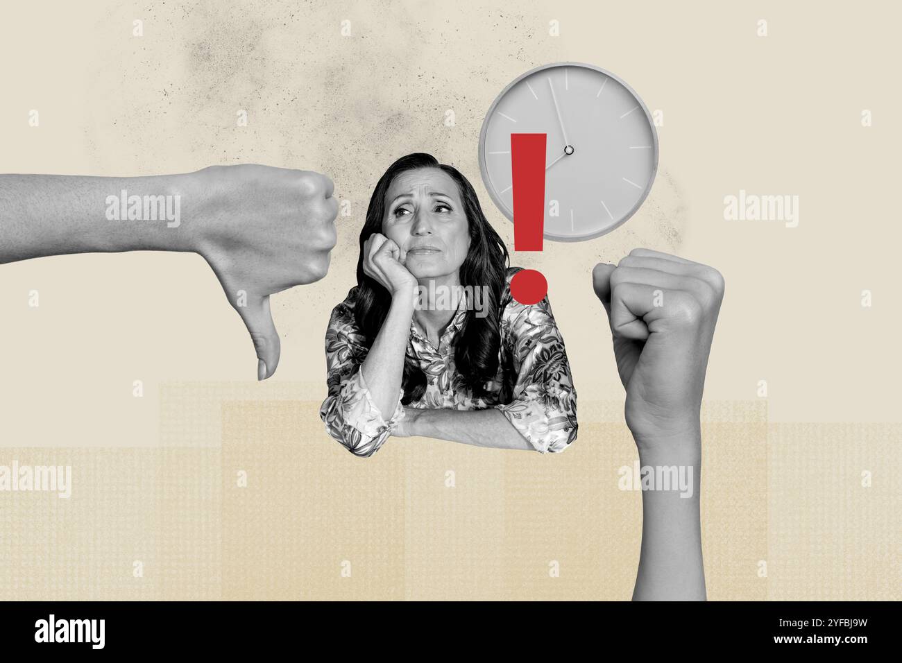 Creative photo collage mature woman bored deadline time management hour ...