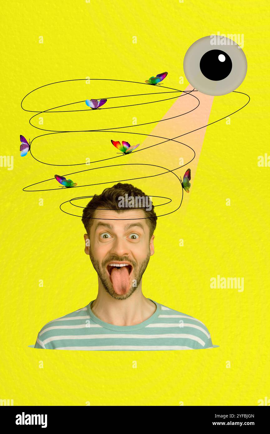 Creative poster collage of crazy man funny eye watching control mind ...