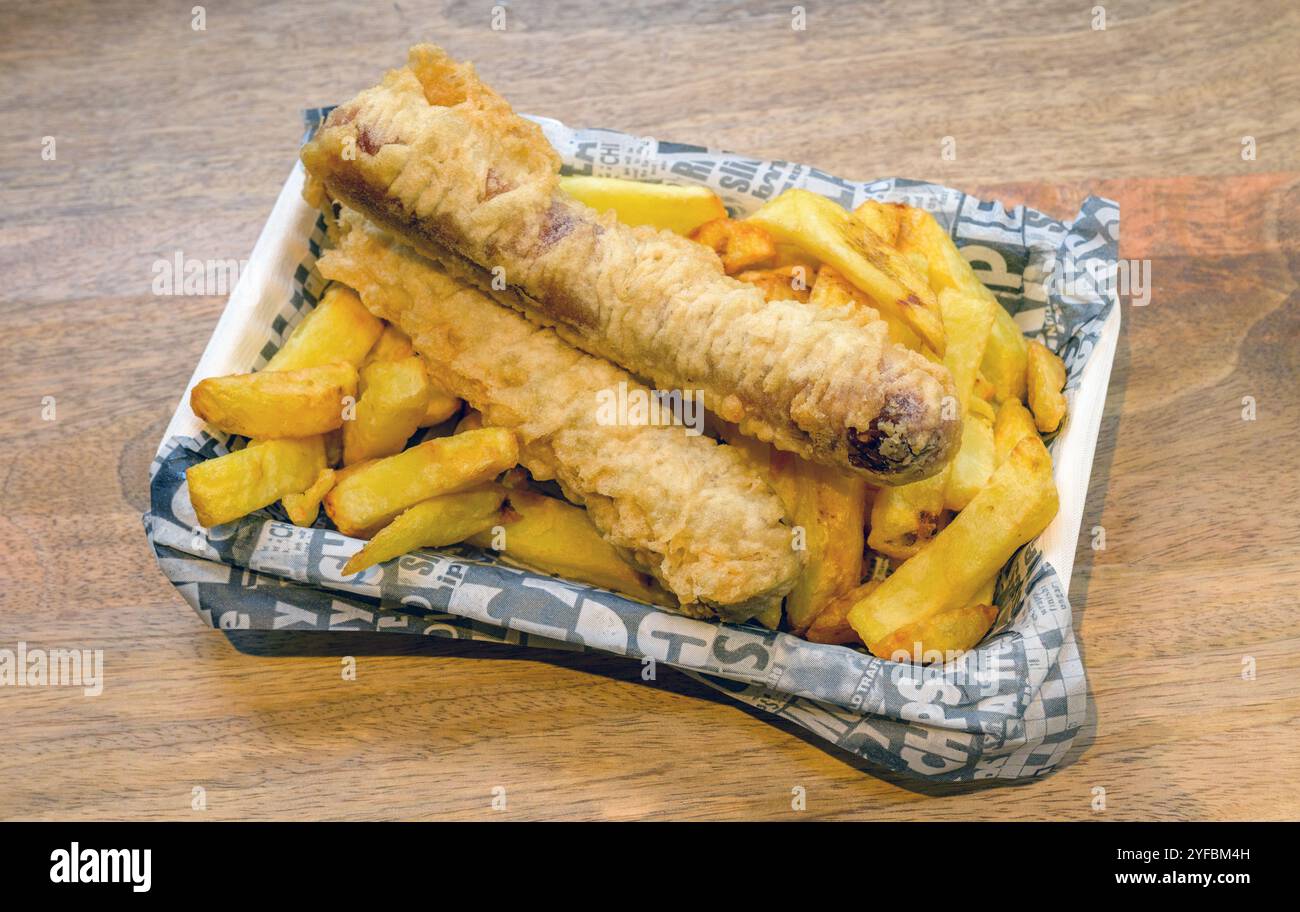 Sausage and chips, sausage supper from chip shop Stock Photo - Alamy