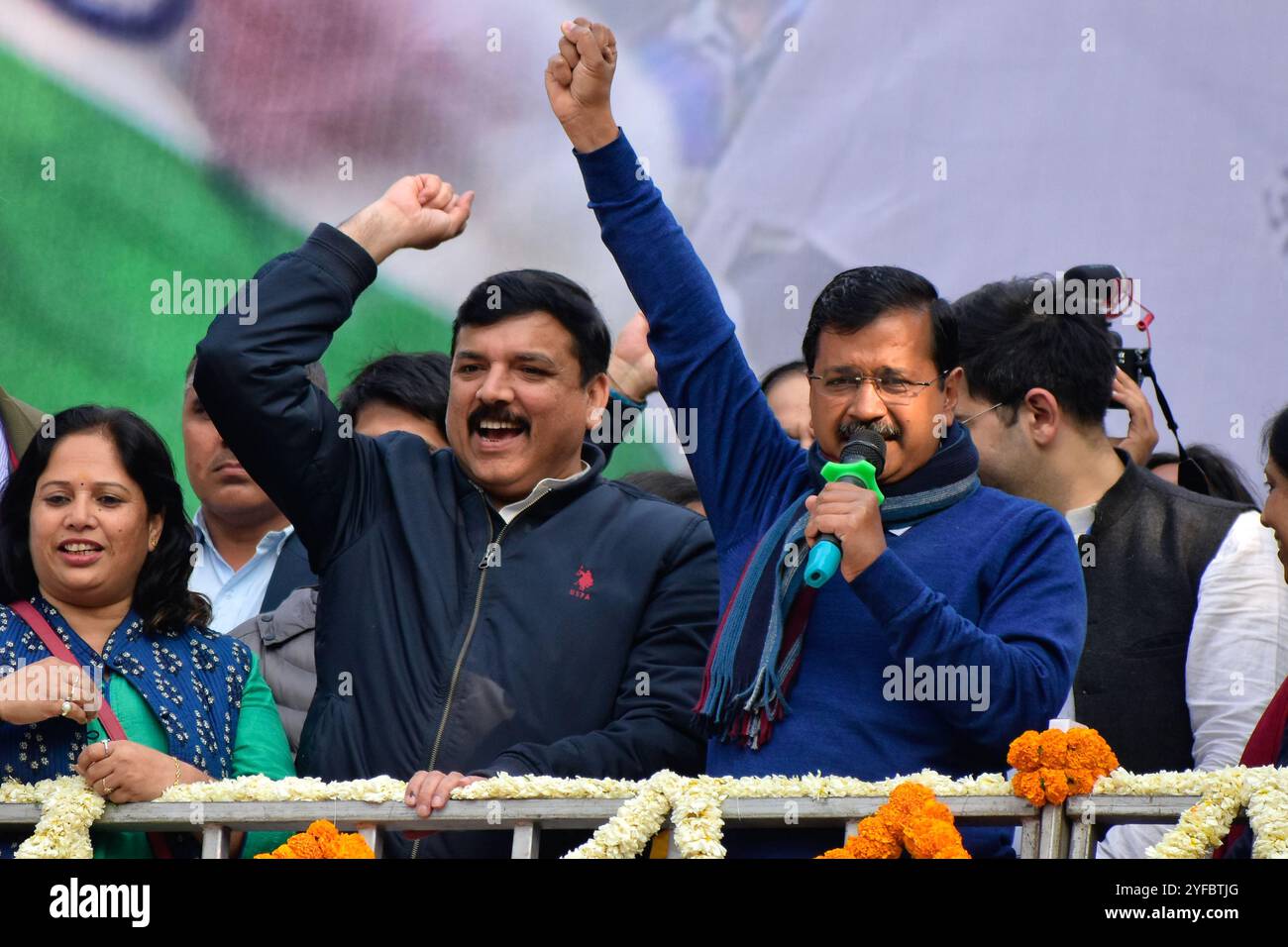 Aam Aadmi Party (AAP) head Arvind Kejriwal addresses his supporters as ...
