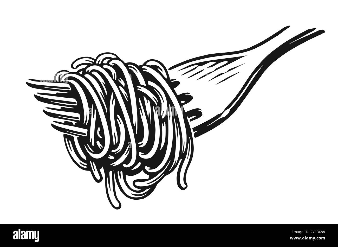 Spaghetti pasta on fork. Italian food, long noodles sketch drawing ...