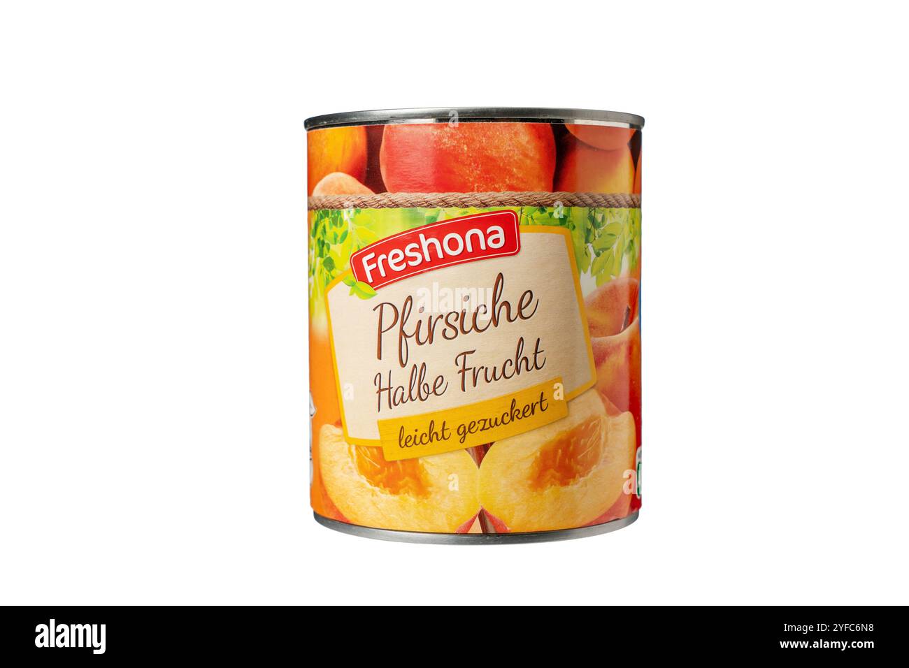 Germany Berlin November 4, 2024. A can of fresh fruit with a label that ...