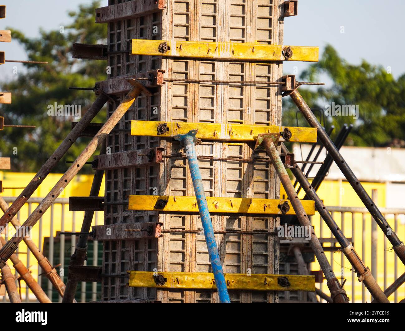New construction site with beam frame to prepare reinforced concrete columns, foundation work ...