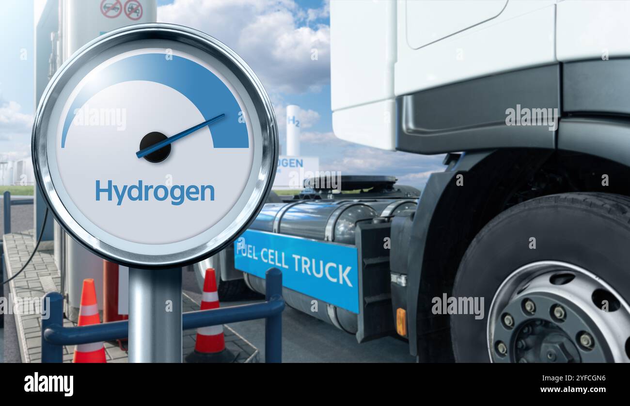 A hydrogen fuel cell semi truck with H2 gas cylinder onboard next to ...