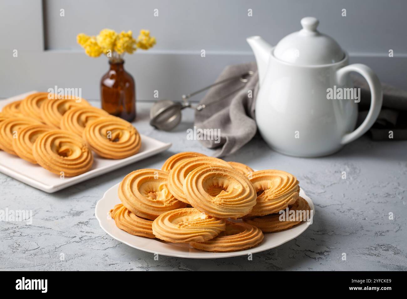 Sweet and tasty round butter cookies. Round ring shaped German spritz ...