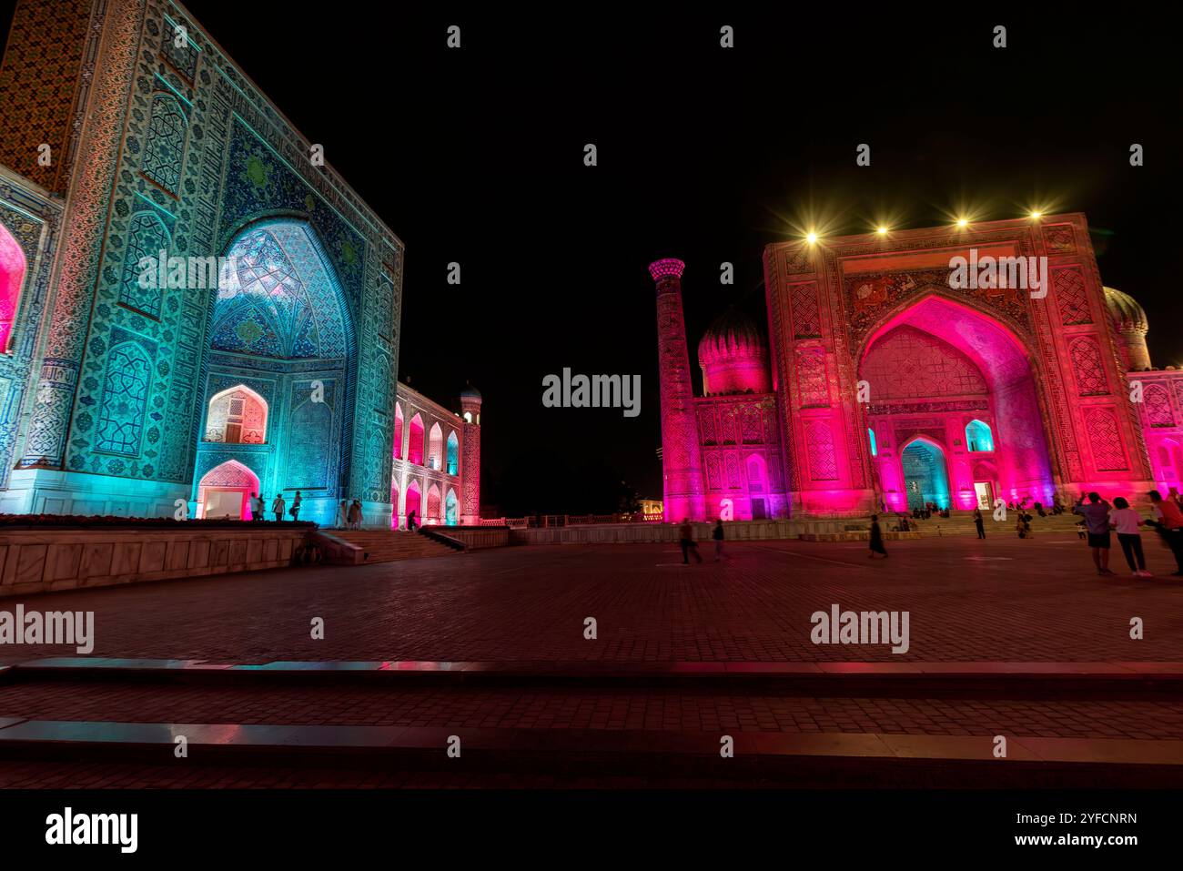Night view of the Tilya Kori Madrasah and Sher-Dor Madrasah located by ...