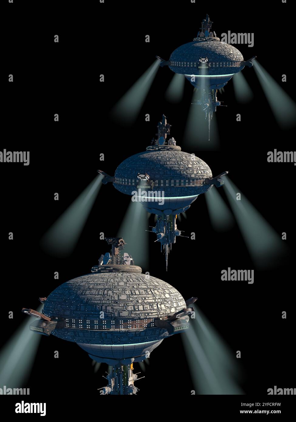 Futuristic illustration of unidentified alien spacecrafts with ...
