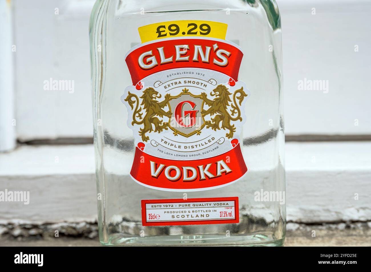 An empty bottle of Glen's Vodka costing £9.29, Scotland, UK, Europe ...