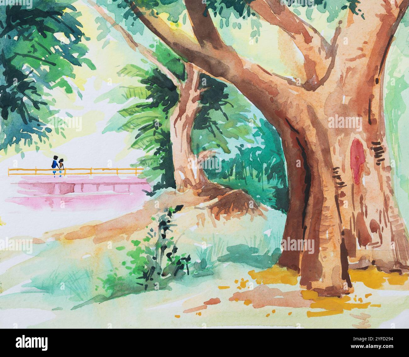 Beautiful scenery of a park. Bright daytime watercolor painting of ...