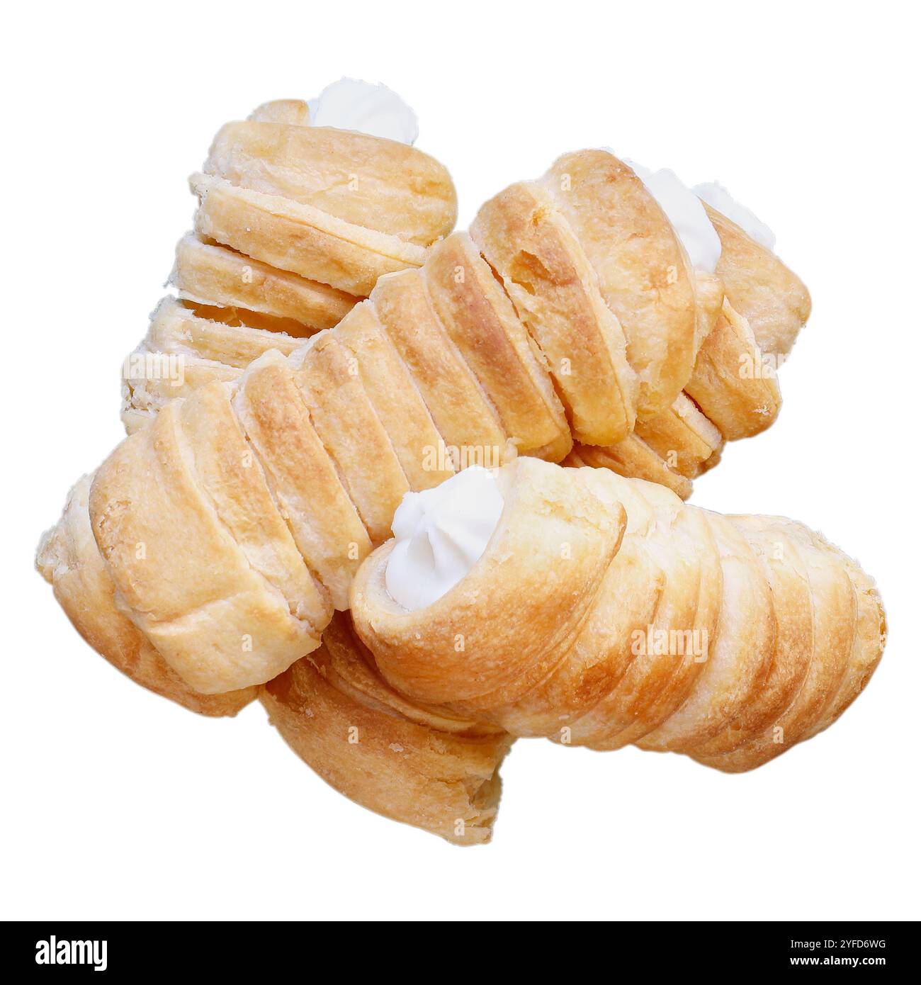 Stack of flaky puff pastry cream horns, Cannoncini, filled with vanilla ...