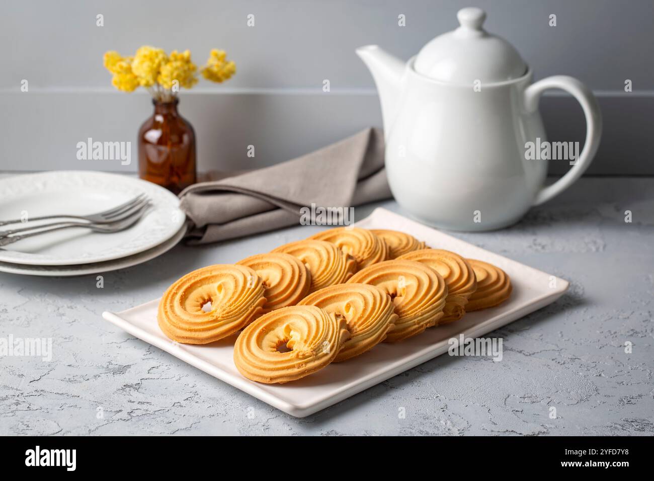 Sweet and tasty round butter cookies. Round ring shaped German spritz ...