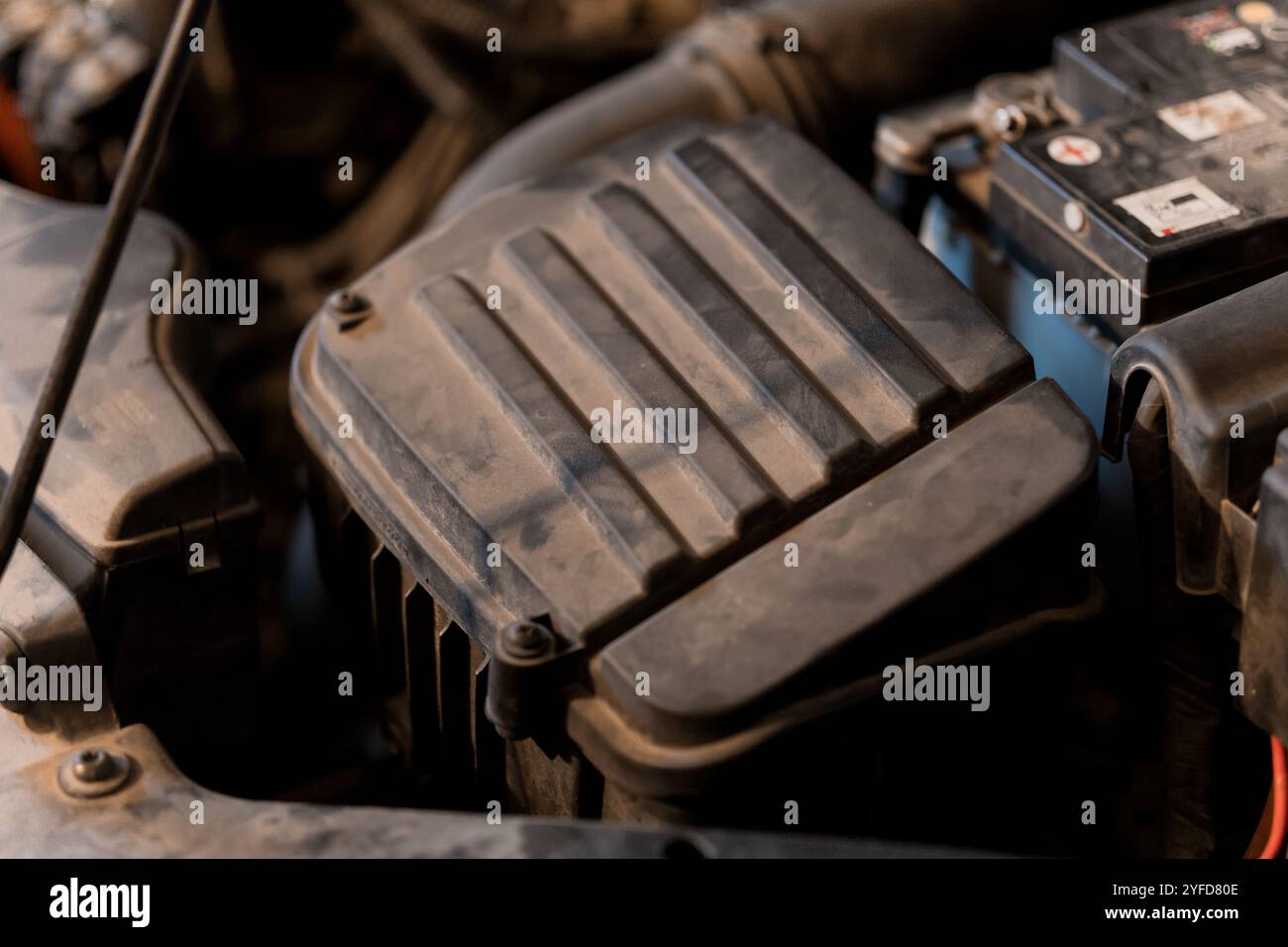 Detailed Close-Up of a Dusty Car Engine Air Filter Cover Stock Photo ...
