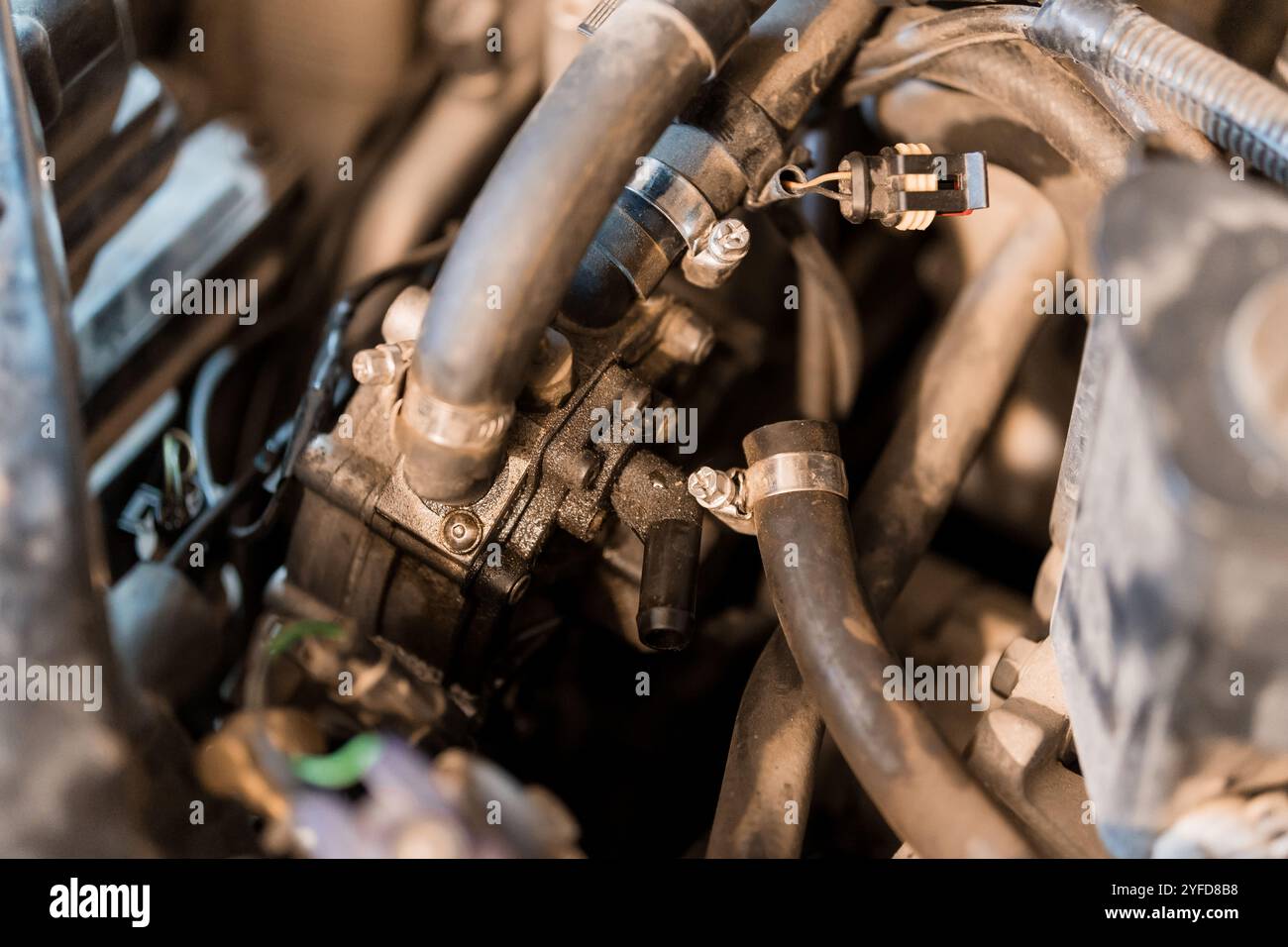 A Close-Up View of an Automobile Engine Component with Fluid Hoses ...