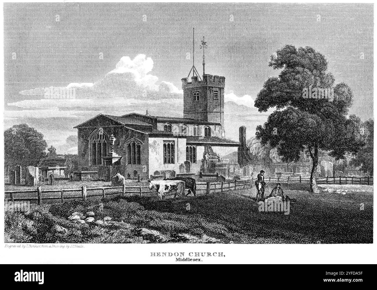 An engraving of Hendon Church, Middlesex, England UK scanned at high ...
