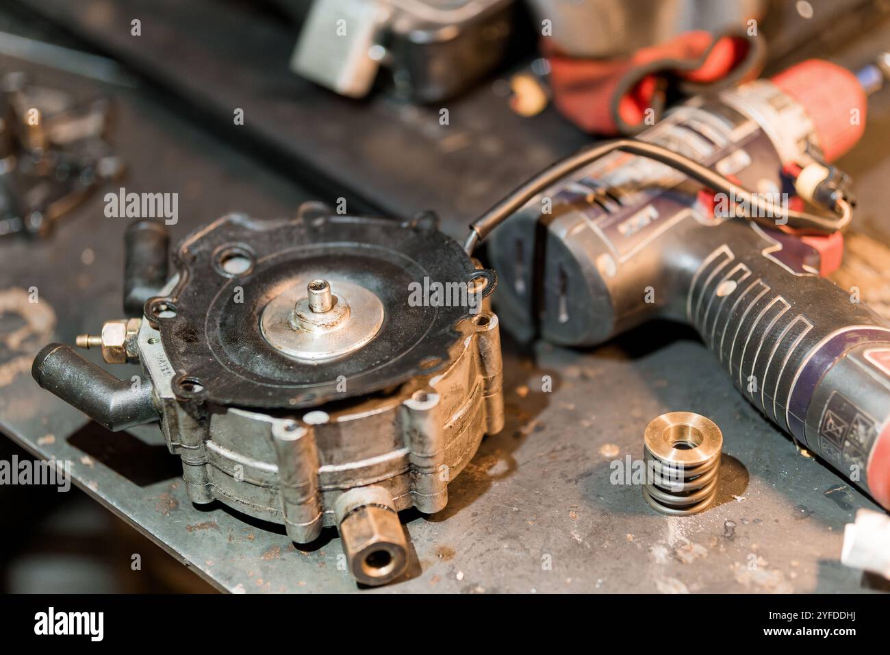 Mechanical Components on Workshop Table with Tools and Parts Stock ...