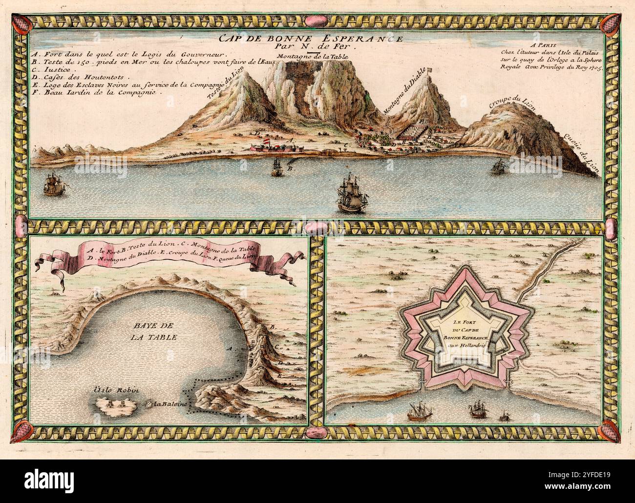 Vintage Map Illustration showing the Cape of Good Hope and its Fortress ...