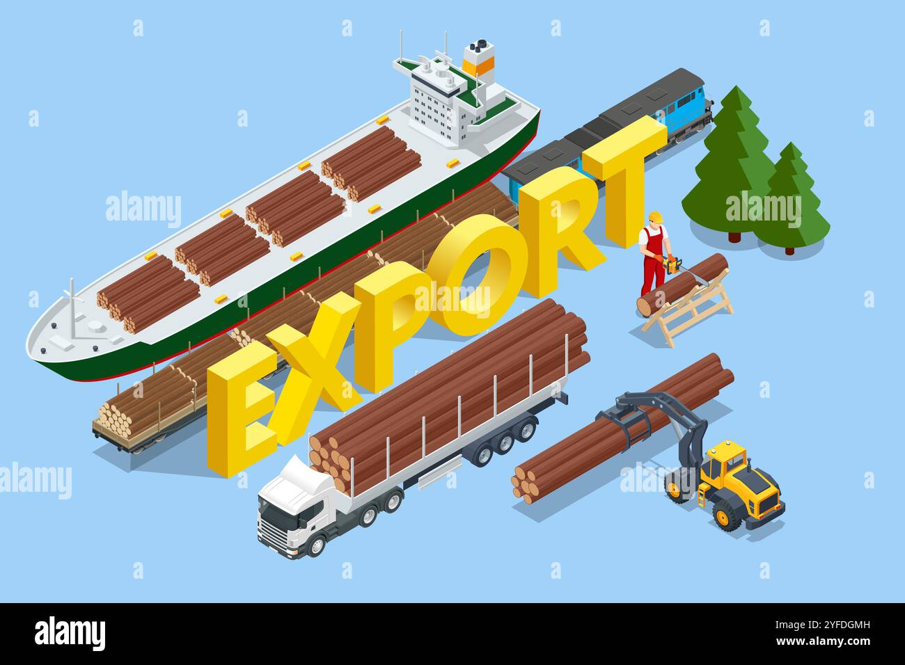 Isometric Exporting Wood. Global logistics network. Rail freight wood ...