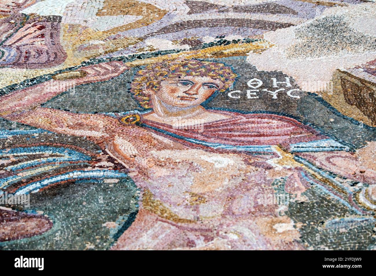 Close up detail of a Roman mosaic in the House of Aion depicting Thesis ...