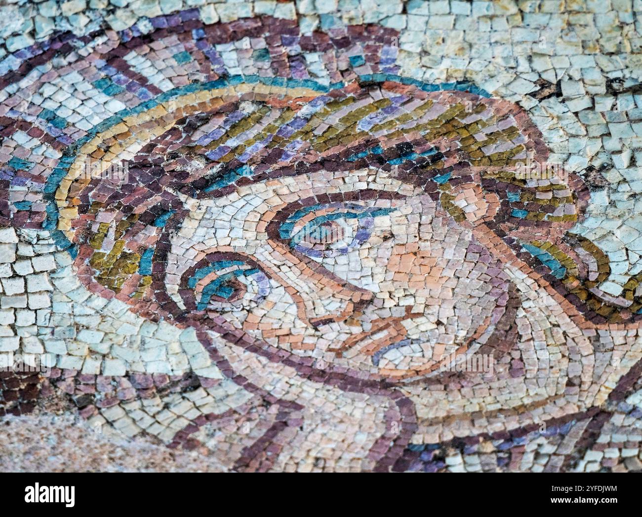 Close up detail of a Roman mosaic in the House of Aion depicting Thesis ...