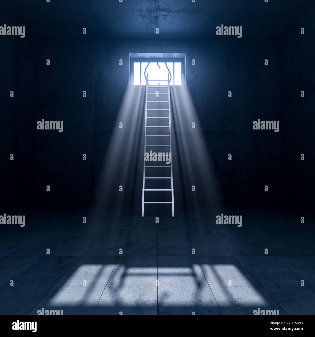 Ladder leading to freedom from dark room through barred window 3d Stock ...