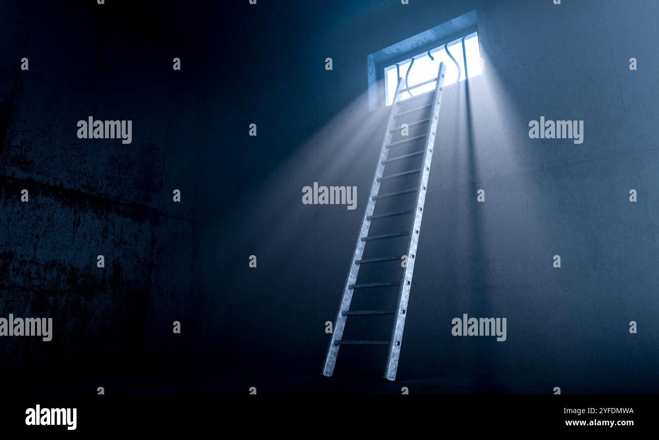 jail ladder freedom through barred window opening 3d Stock Photo - Alamy