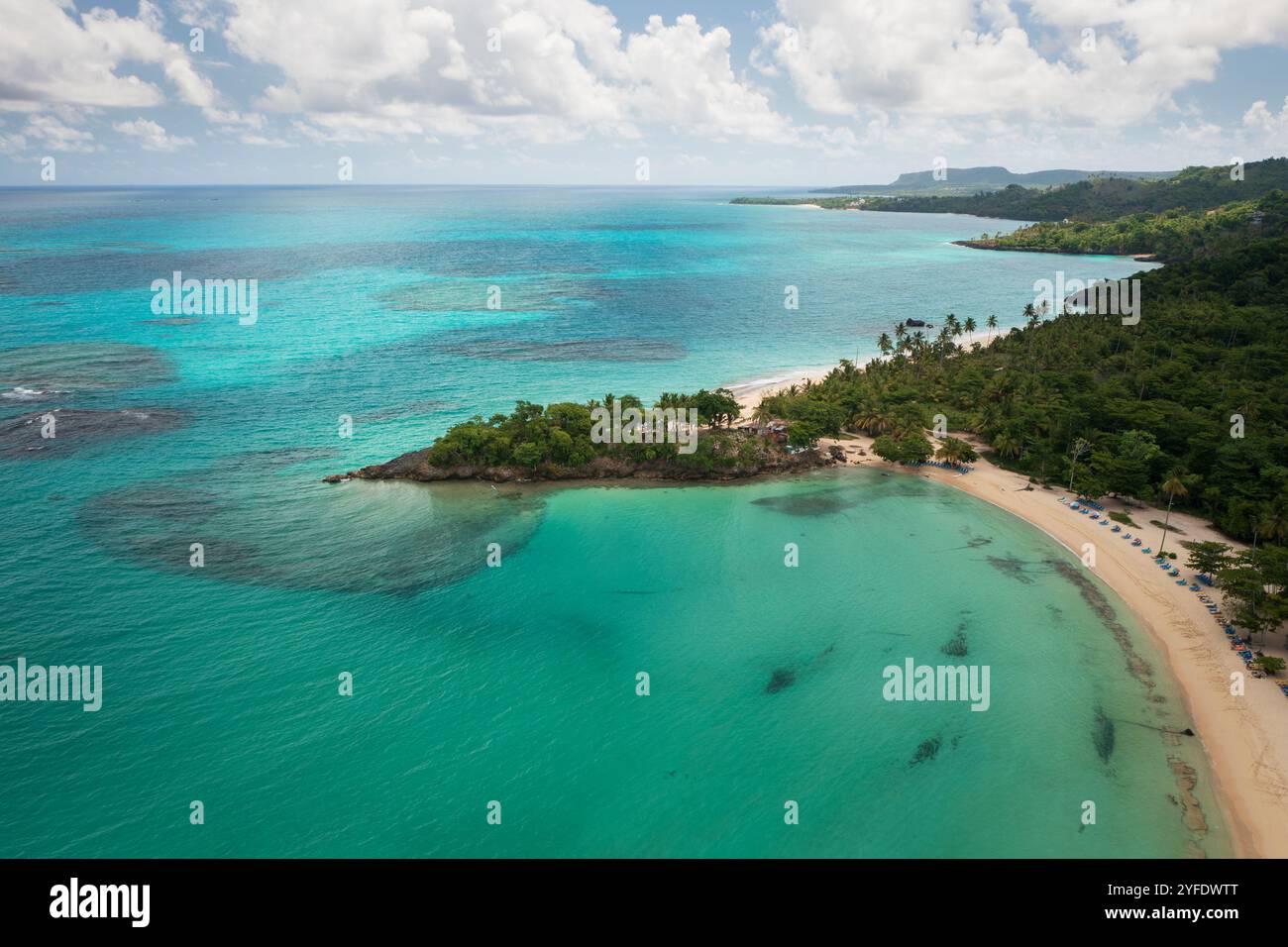 Aerial shot of amazing tropical panorama of Rincon bay.Samana peninsula ...