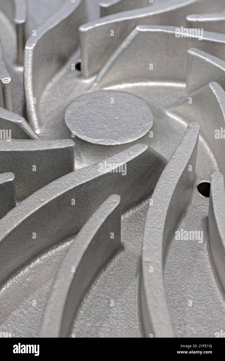 Aluminium centrifugal pump impeller, close up shot, selective focus ...