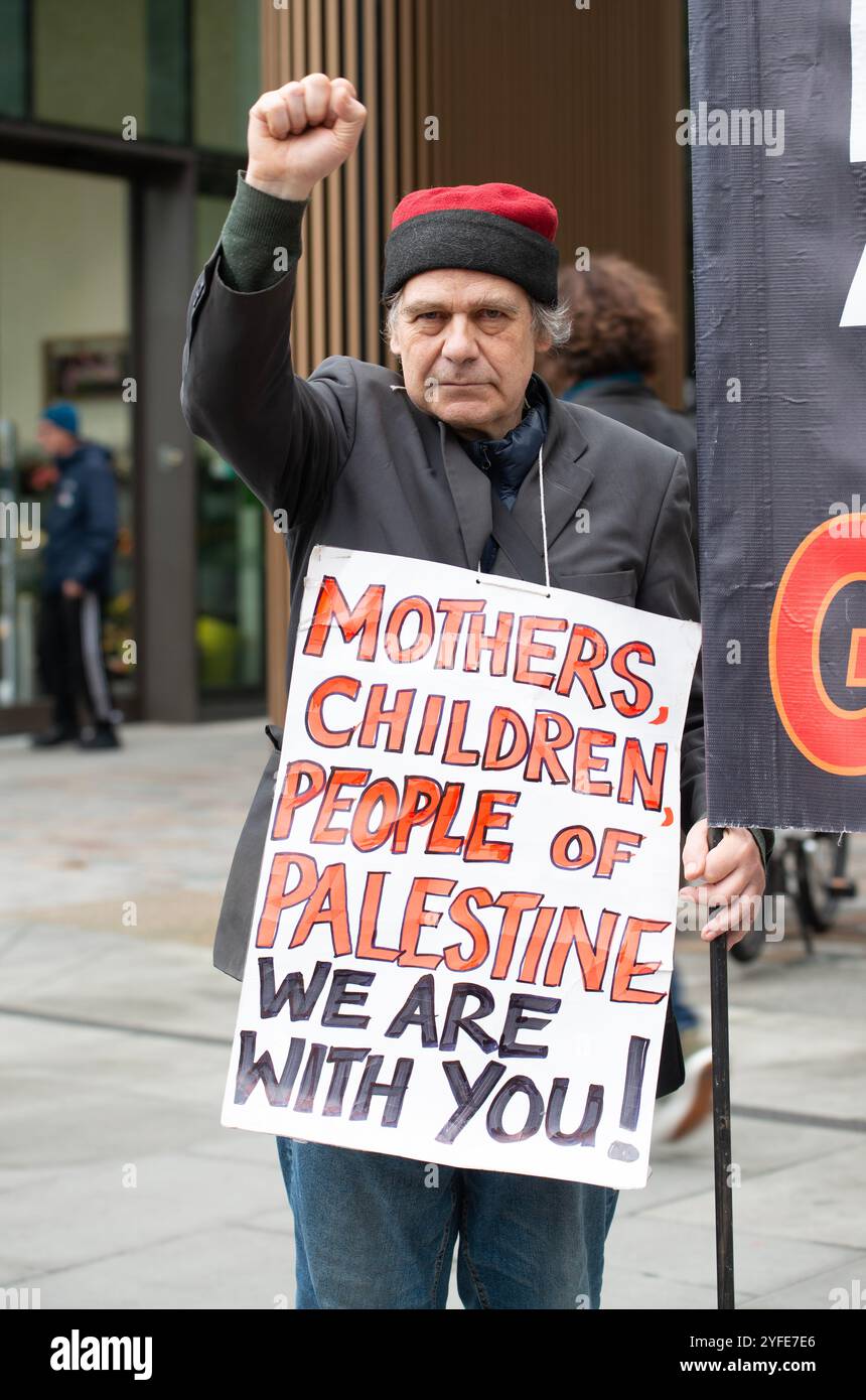 London, UK. 2nd November 2024. Pro Palestine supporter holding sign at ...