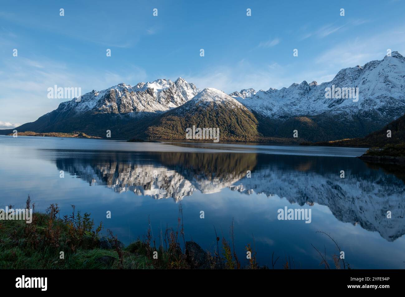 Autumn view from the E10 highway of the snow-capped mountain in the ...
