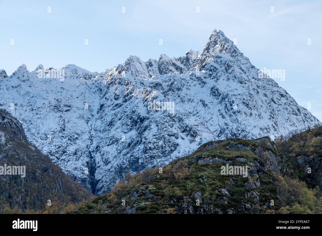 Autumn view from the E10 highway of the snow-capped mountain in the ...
