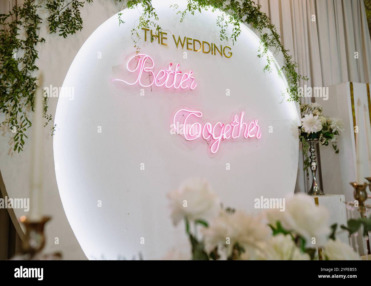 Elegant Wedding Backdrop with Neon "Better Together" Sign and Floral ...