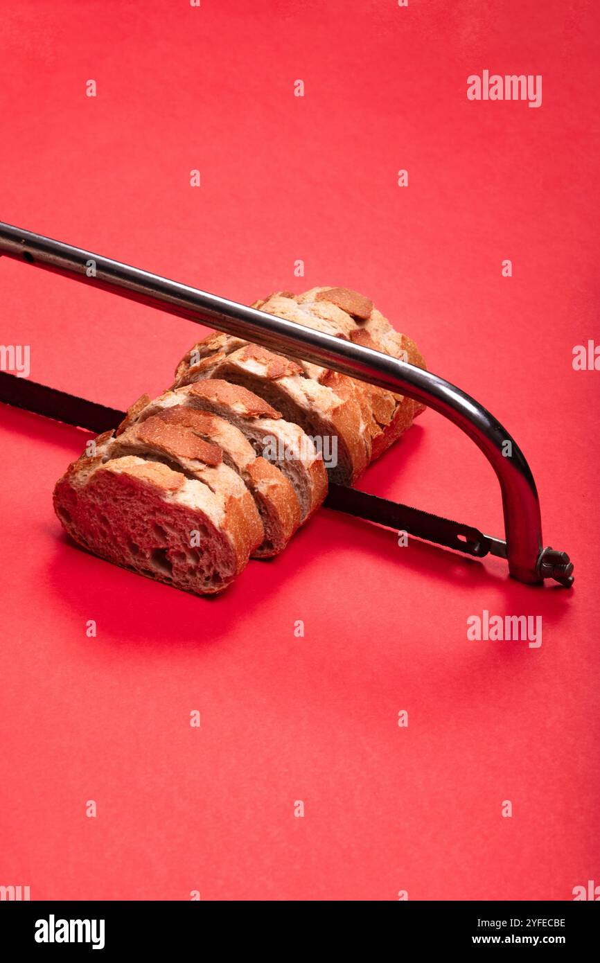 Creative Concept of Sliced Bread with Hacksaw on Red Background ...
