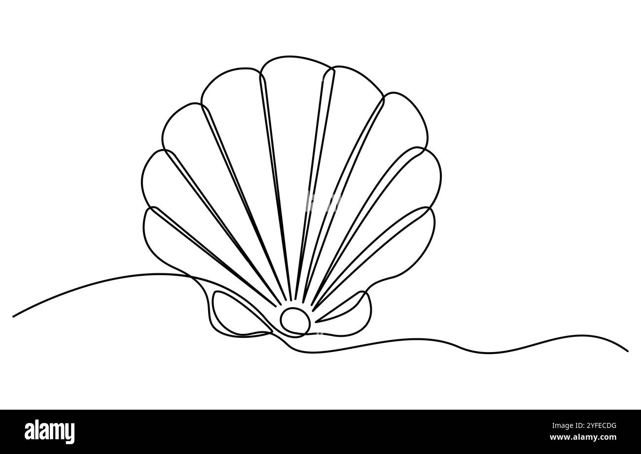 Continuous one line drawing of open oyster shell with pearl. Seashell ...