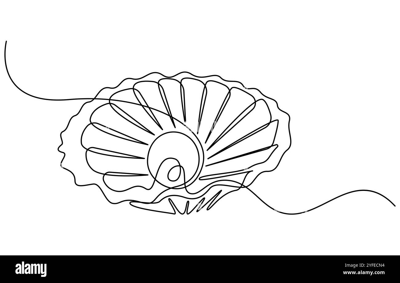 Continuous one line drawing of open oyster shell with pearl. Seashell ...