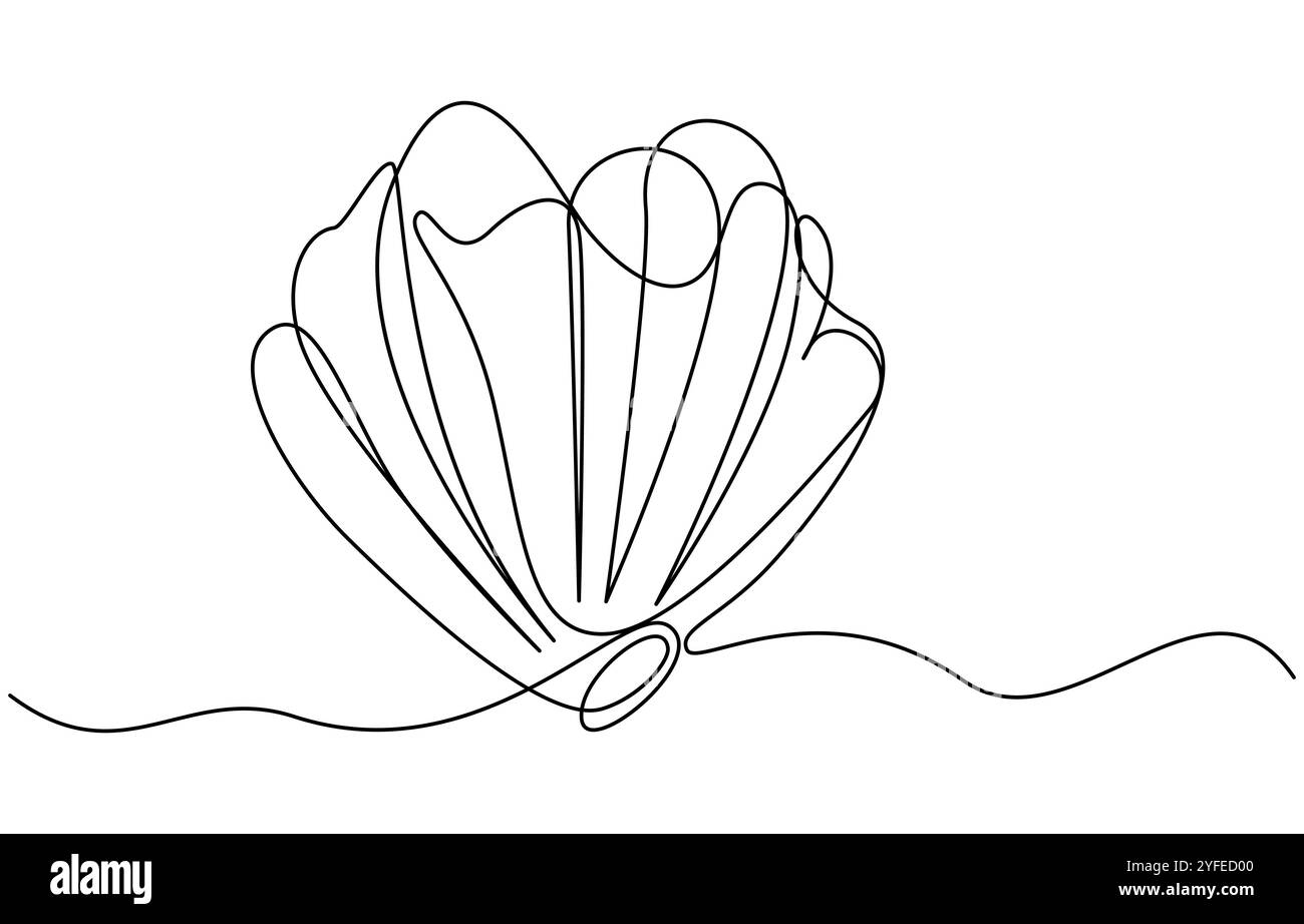 Continuous one line drawing of open oyster shell with pearl. Seashell ...