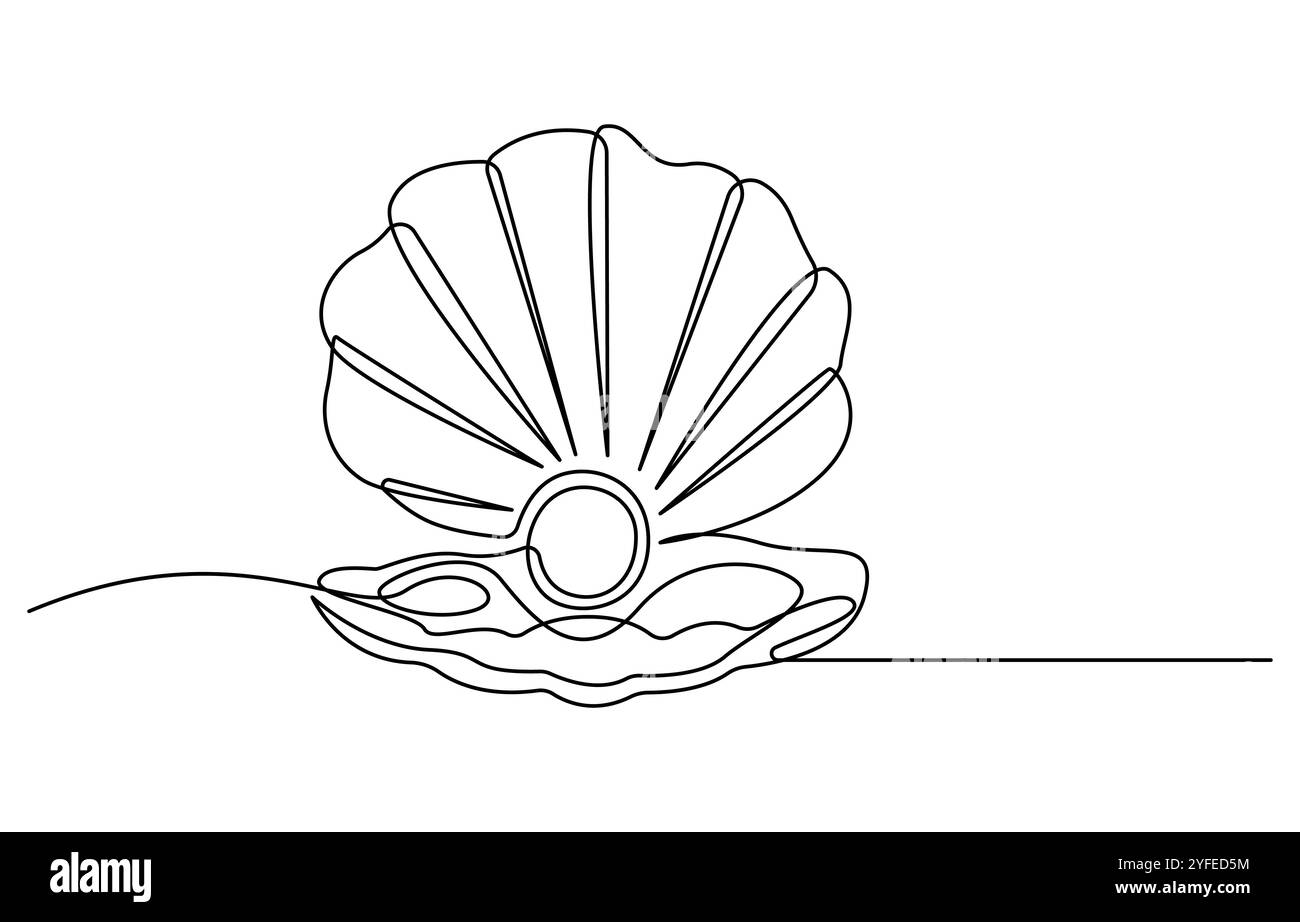 Continuous one line drawing of open oyster shell with pearl. Seashell ...