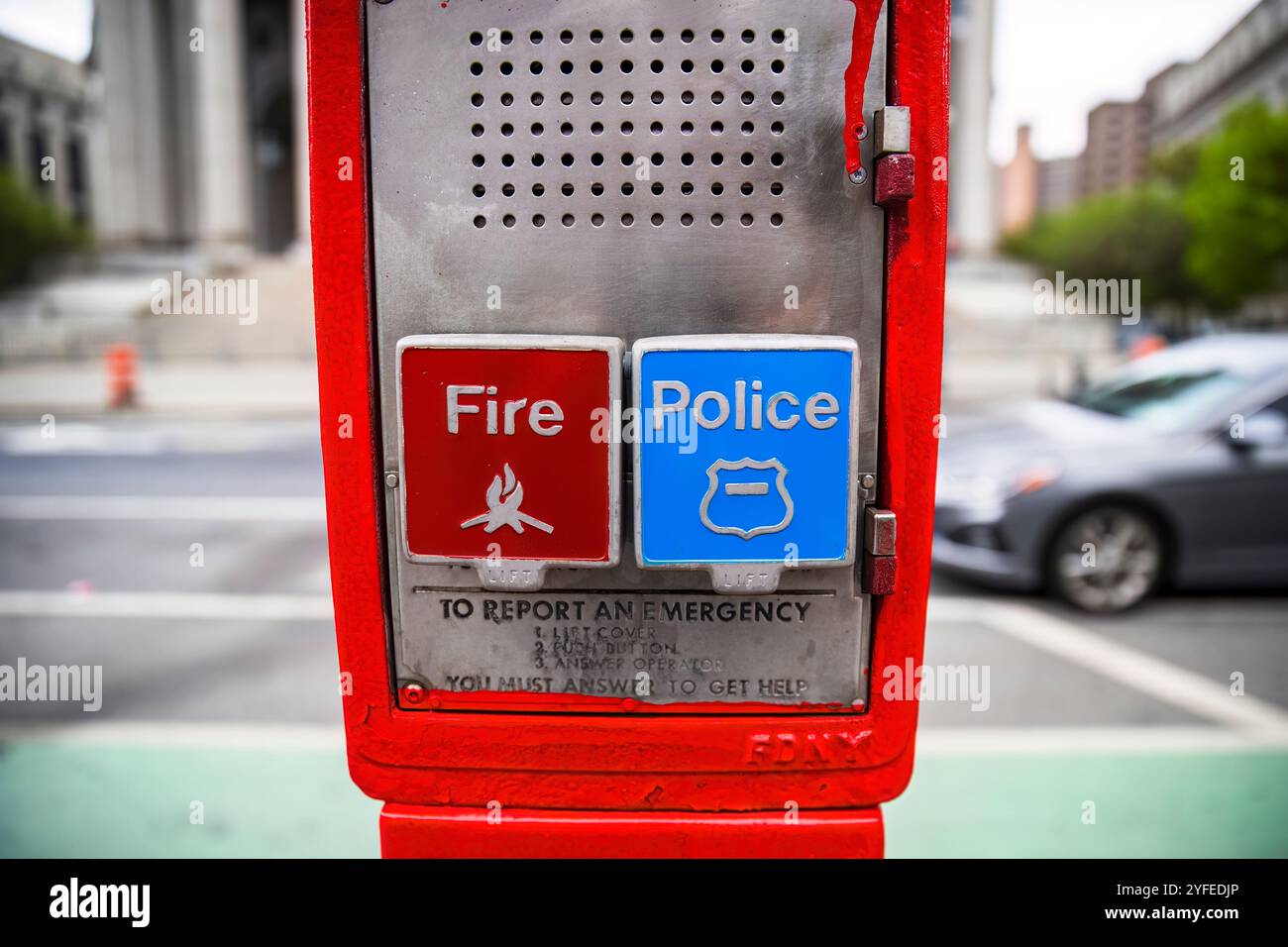 An old red fire call box in NYC. Typically installed on street corners ...