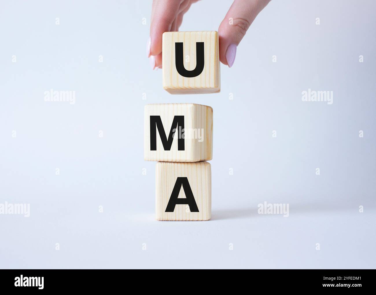 UMA - Unified Managed Account. Wooden cubes with word UMA. Businessman ...