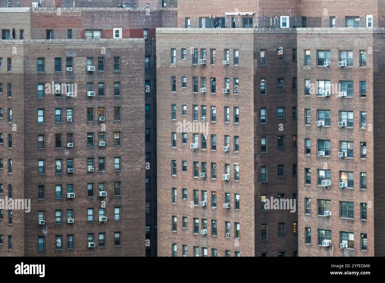 A close-up view of red-brick residential apartment buildings in New ...