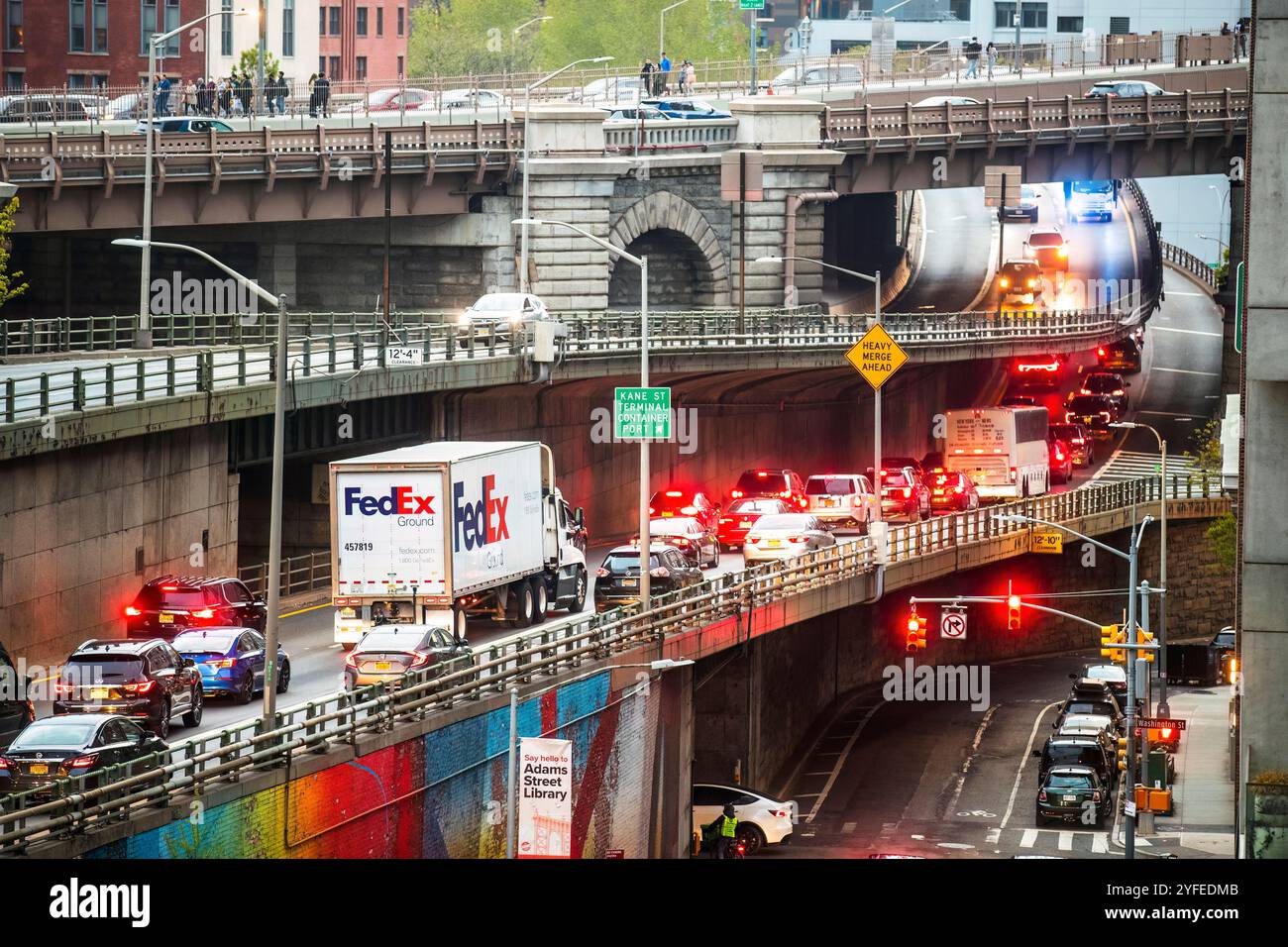 Heavy traffic on a multi-level highway in New York City during rush ...