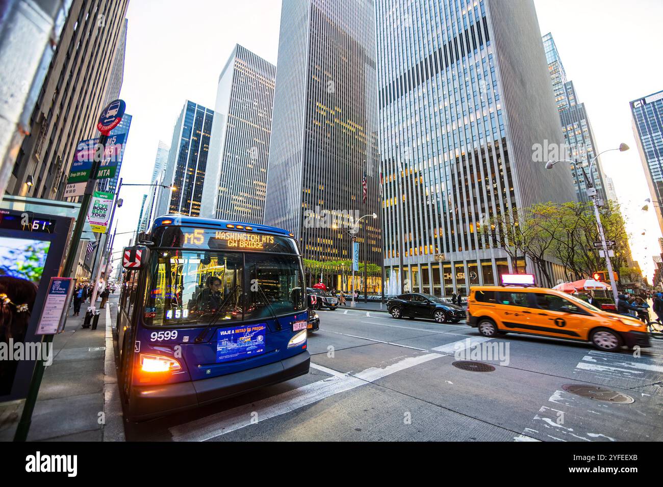 A New York City M5 bus is stopped at a bus stop in Midtown Manhattan ...