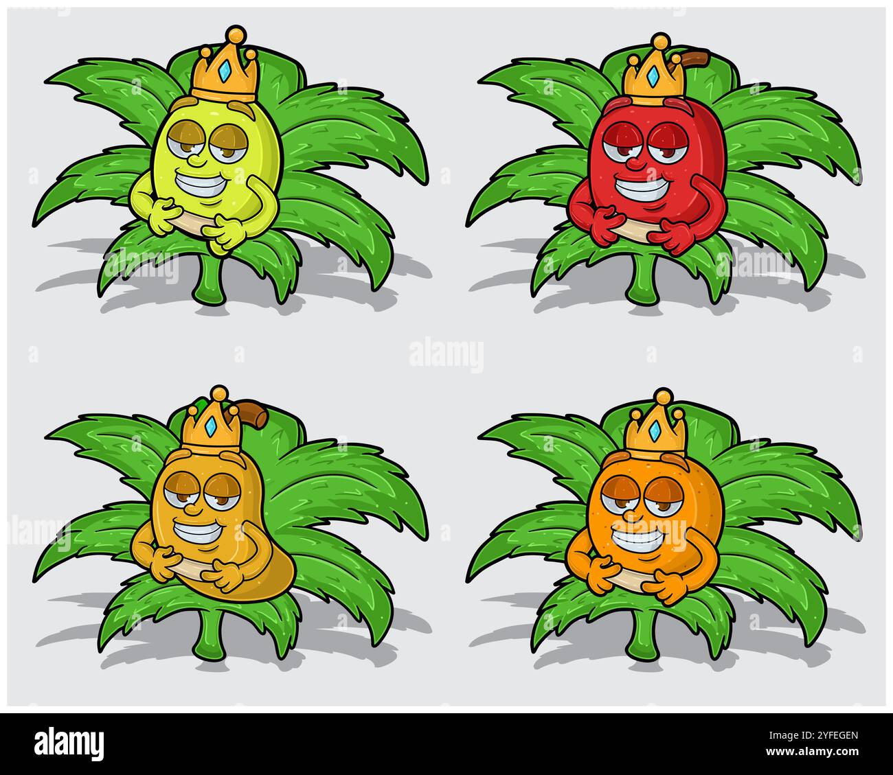 Cartoon Characters of Lemon, Apple, Mango and Orange Fruit With Crown ...